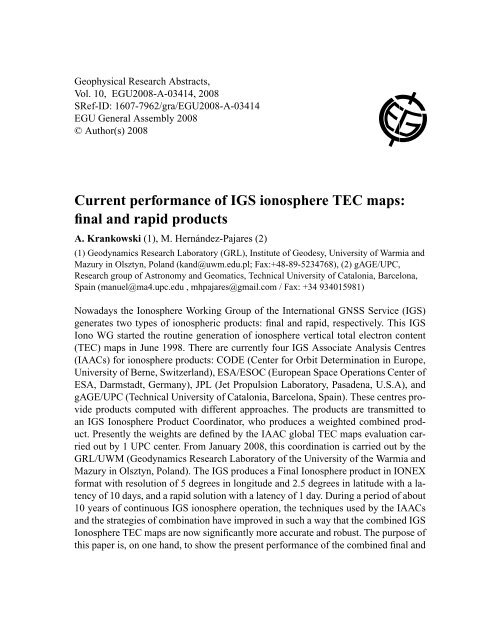 Current performance of IGS ionosphere TEC maps: final and rapid ...