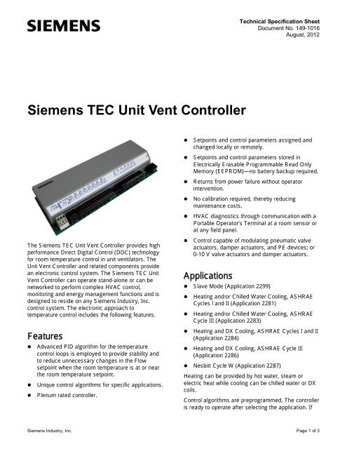 TEC Unit Vent Controller - Siemens Building Technologies