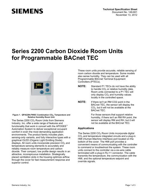 Series 2200 CO2 Room Units for BACnet TEC - Siemens Building ...