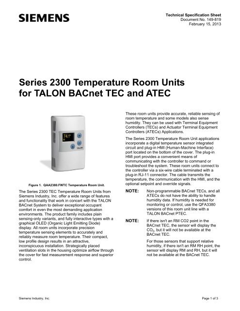 Series 2300 Temperature Room Units for TALON BACnet TEC and ...