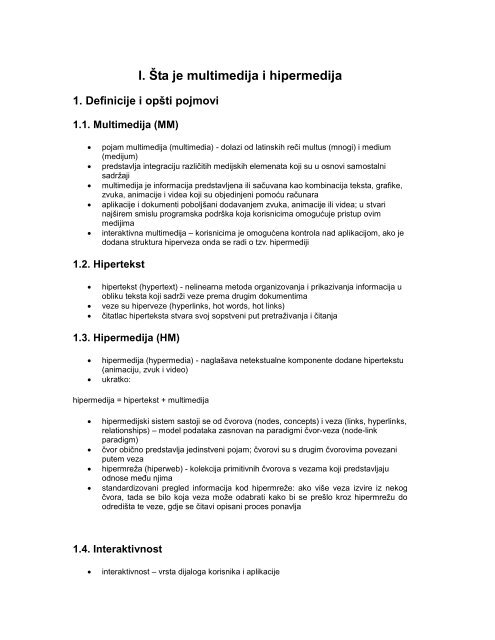 I. Šta je multimedija i hipermedija - Povratak