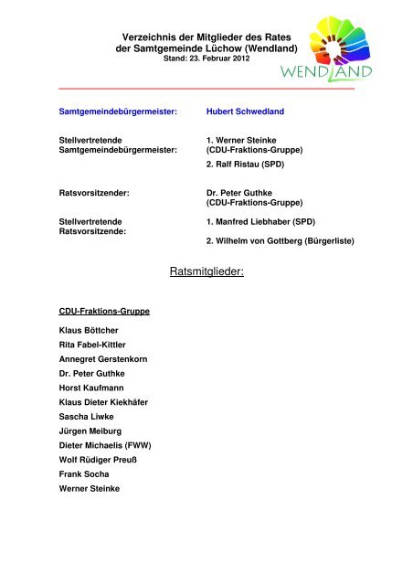 Ratsmitglieder: - Landkreis Lüchow-Dannenberg Ratsmitglieder: - Landkreis Lüchow-Dannenberg