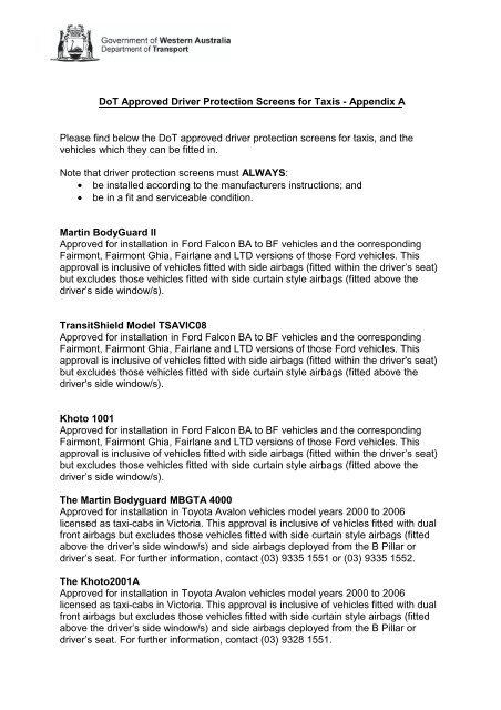 Approved Driver Protection Screens for Taxis