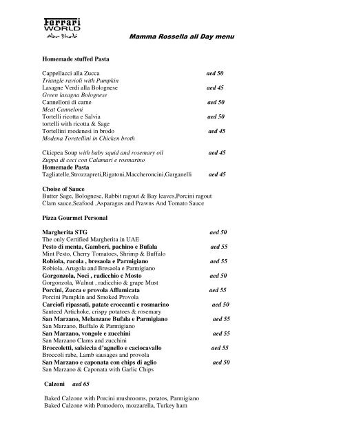 Mamma Rossella all Day menu - Travel Snitch