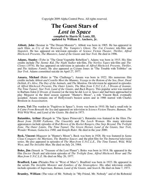 The Guest Stars of Lost in Space - Alpha Control Press