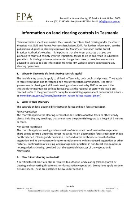 Information on land clearing controls in Tasmania - The Forest ...