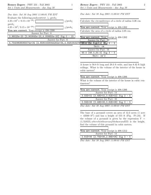 Remco Zegers - PHY 231 - Fall 2003 1 Set 1 Units and ...