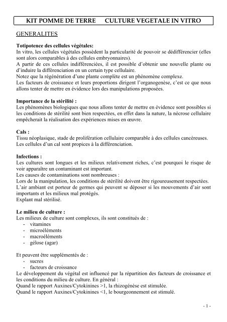 KIT POMME DE TERRE CULTURE VEGETALE IN VITRO ... - Sordalab