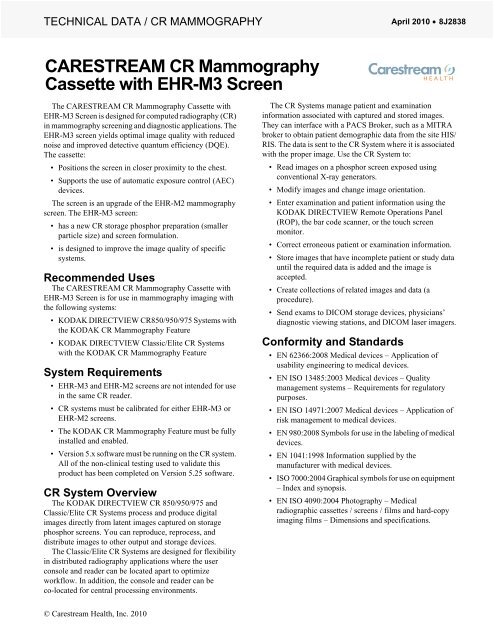 CARESTREAM CR Mammography Cassette with EHR-M3 Screen