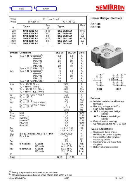Power Bridge Rectifiers SKB 30 SKD 30