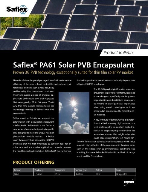 Product Bulletin Saflex® PA61 Solar PVB Encapsulant - Saflex.com