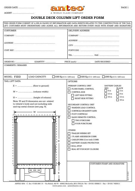 DOUBLE DECK COLUMN LIFT ORDER FORM - Anteo S.p.a.
