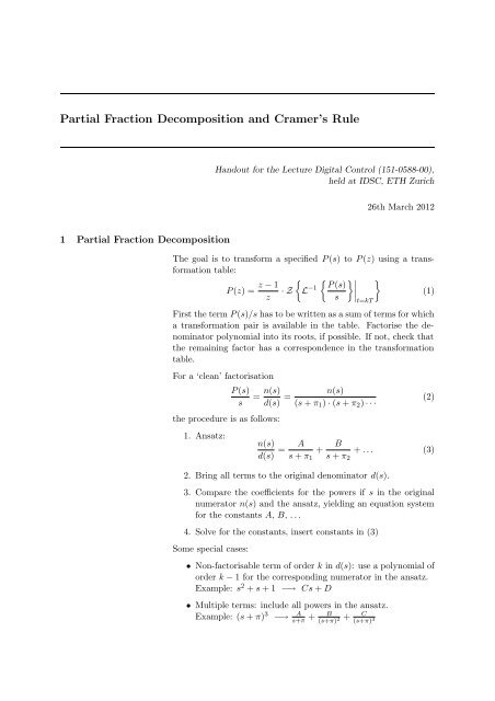 Handout "Partial Fraction Decomposition and Cramer's Rule" - IDSC