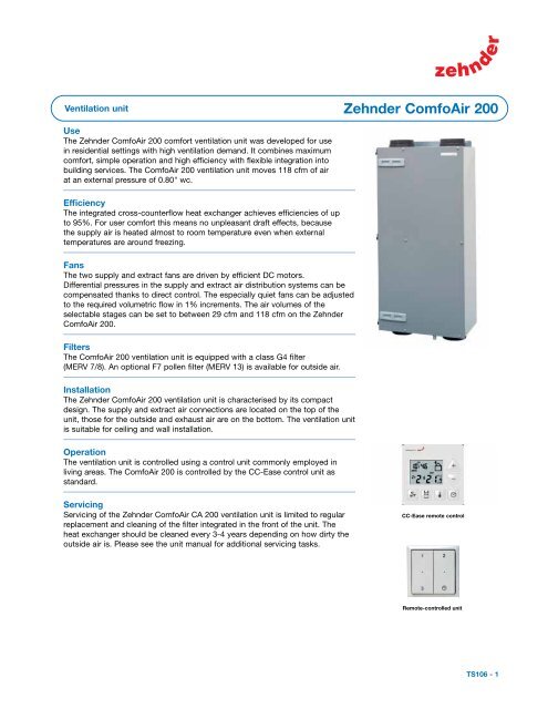 Zehnder ComfoAir 200 Zehnder ComfoAir 200 - Zehnder America