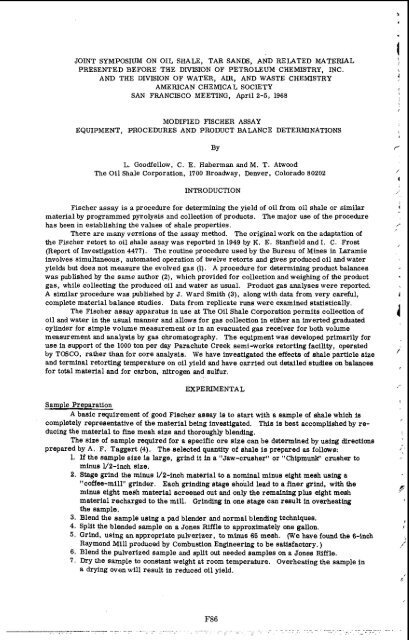 Modified Fischer Assay Equipment, Procedures and Product ...