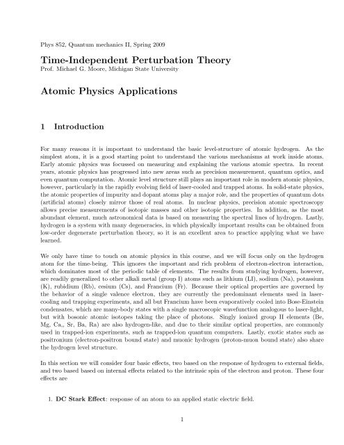Time-Independent Perturbation Theory Atomic Physics Applications