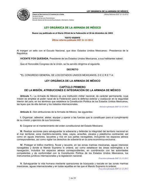 Ley Orgánica De La Armada De México Cámara De Diputados
