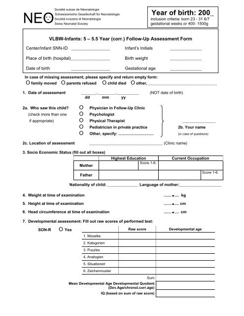 vlbw-infant: 18-months follow-up assessment form - Swiss Society of ...
