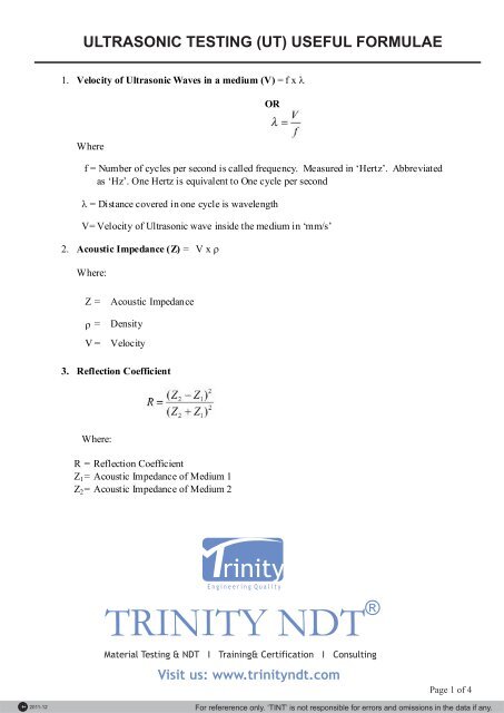 Ultrasonic testing useful formulae - Trinity NDT