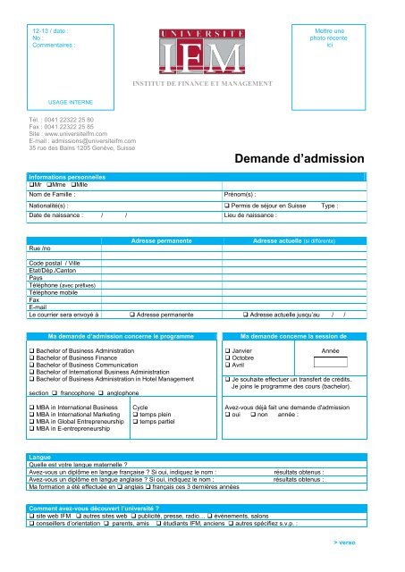Demande d'admission - Université IFM Genève