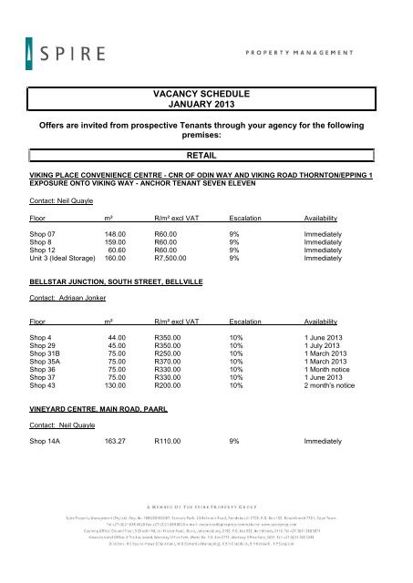VACANCY SCHEDULE JANUARY 2013 - Spire Property Management