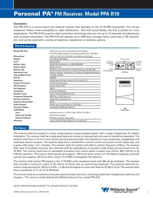 Personal PA® FM Receiver, Model PPA R19 - Williams Sound
