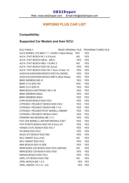 KWP2000 PLUS CAR LIST - OBD2Repair