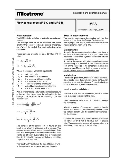 Flow sensor type MFS-C and MFS-R - Micatrone