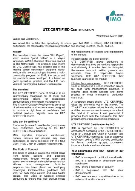 UTZ CERTIFIED CERTIFICATION - IMO
