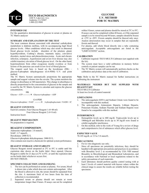 Package Insert: Glucose HX for TC Matrix - Teco Diagnostics