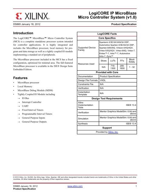 Xilinx DS865 LogiCORE IP MicroBlaze Micro Controller System (v1 ...