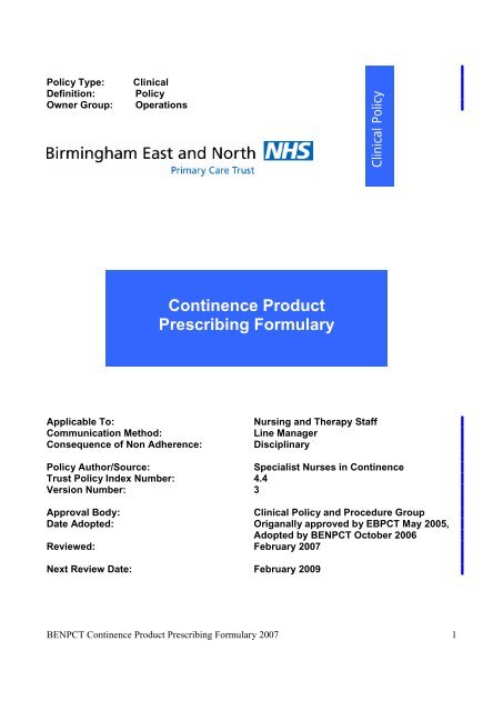Continence Product Prescribing Formulary - Birmingham Primary ...