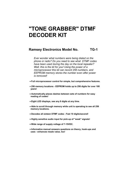 tg-1 "tone grabber" dtmf decoder kit - Ramsey Electronics