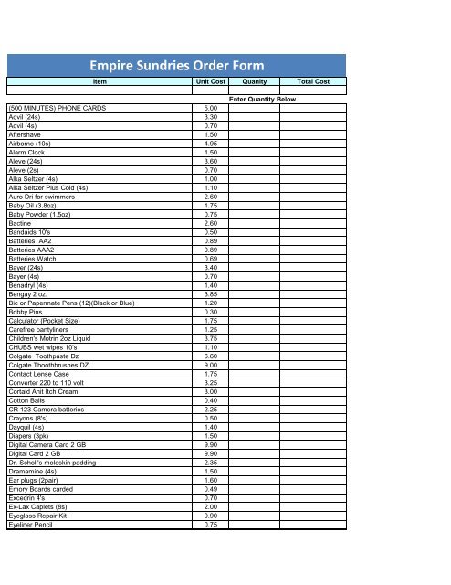 Empire Sundries Order Form