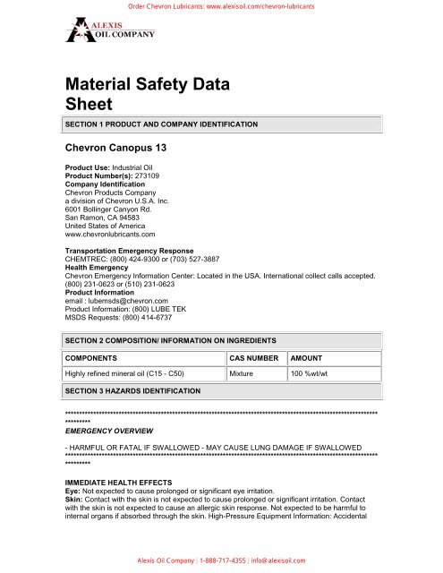Chevron Canopus 13 MSDS - Alexis Oil