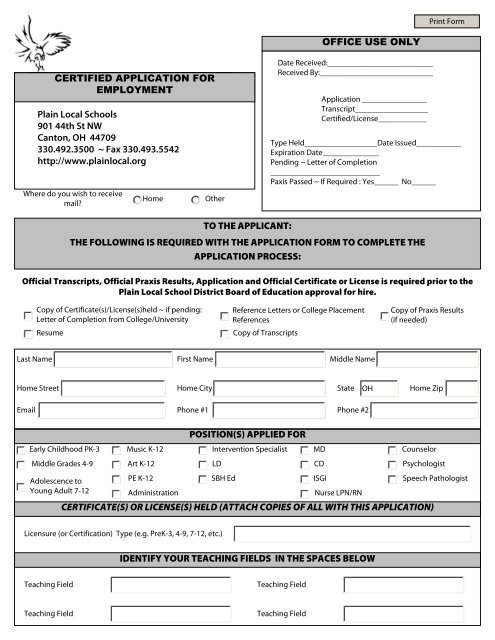 Certified Application Form - Plain Local Schools