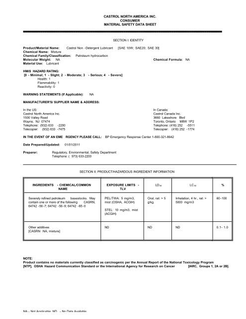 castrol north america inc. consumer material safety data sheet - MSDS
