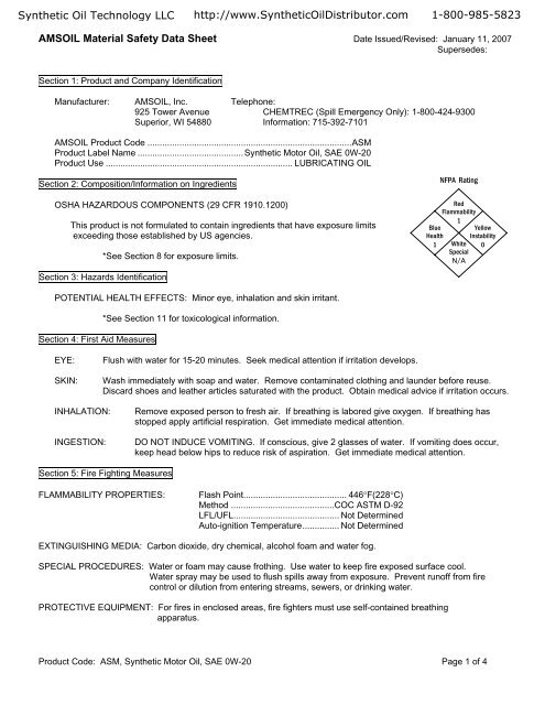 MSDS - Synthetic Motor Oil, SAE 0W-20 (ASM) - AMSOIL Synthetic Oil