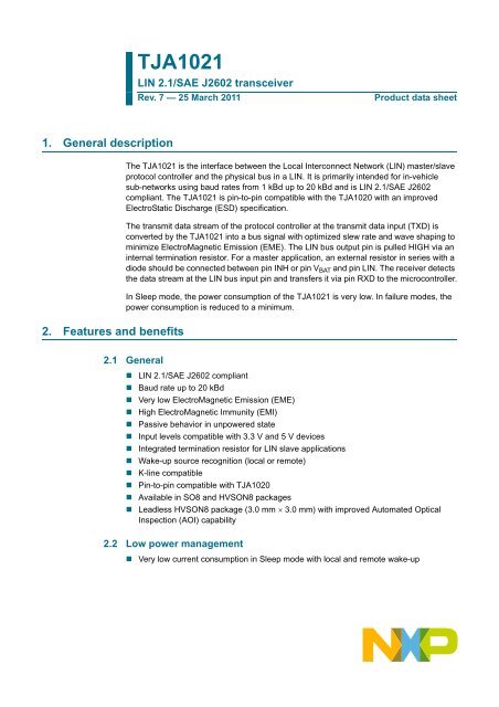 TJA1021 LIN 2.1/SAE J2602 transceiver - NXP.com