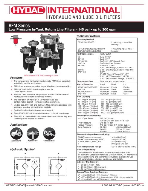 HYDRAULIC AND LUBE OIL FILTERS RFM Series - Hydac USA