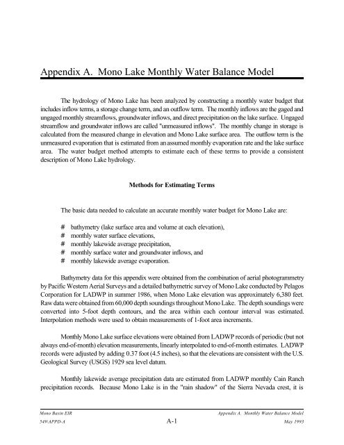 Appendix A. Mono Lake Monthly Water Balance Model - Mono Basin ...