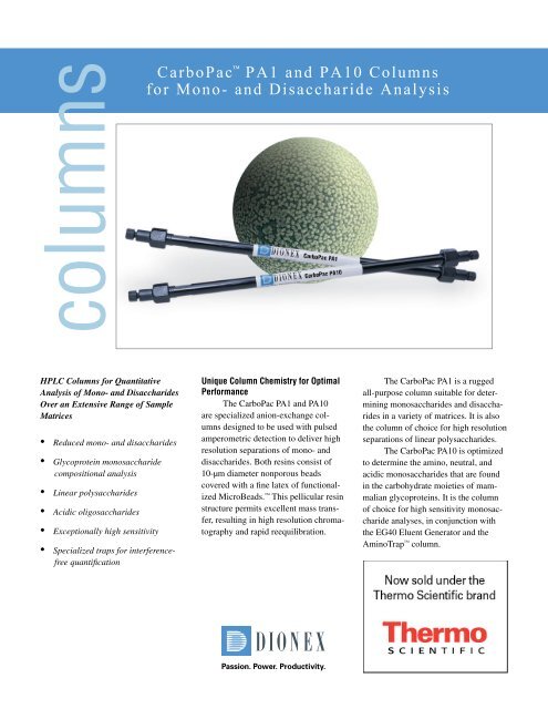 CarboPac PA1 and PA10 Columns for Mono and ... - Dionex