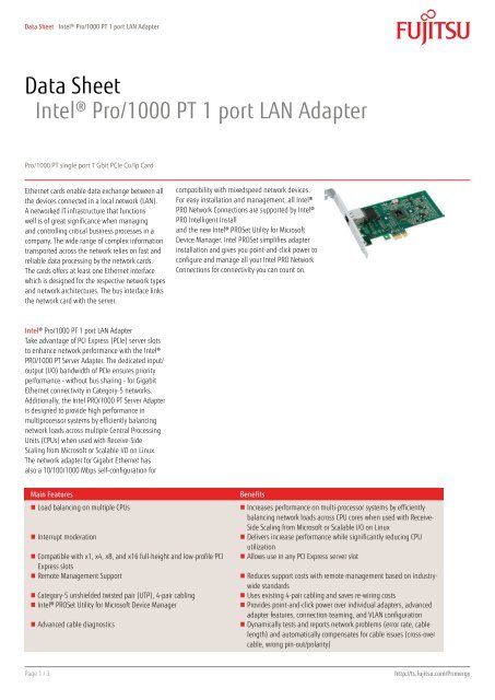 Data Sheet Intel® Pro/1000 PT 1 port LAN Adapter - Fujitsu