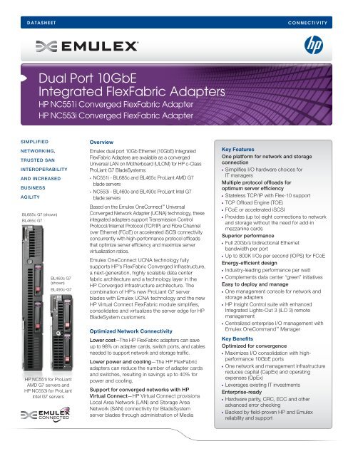 HP Dual Port 10GbE Integrated FlexFabric Adapters Data - Emulex