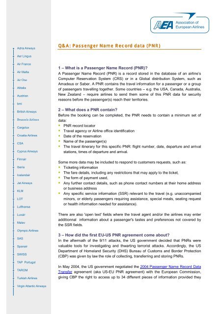 Passenger Name Record data (PNR) - Association of European ...