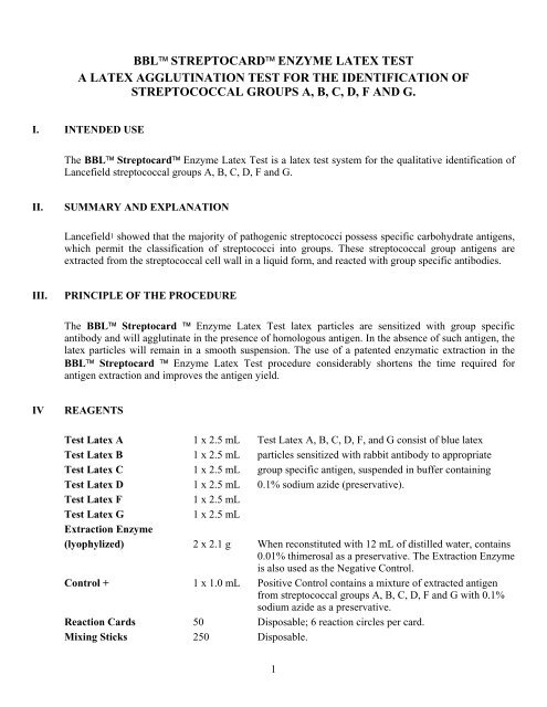 BBL™ STREPTOCARD™ ENZYME LATEX TEST A LATEX ... - BD