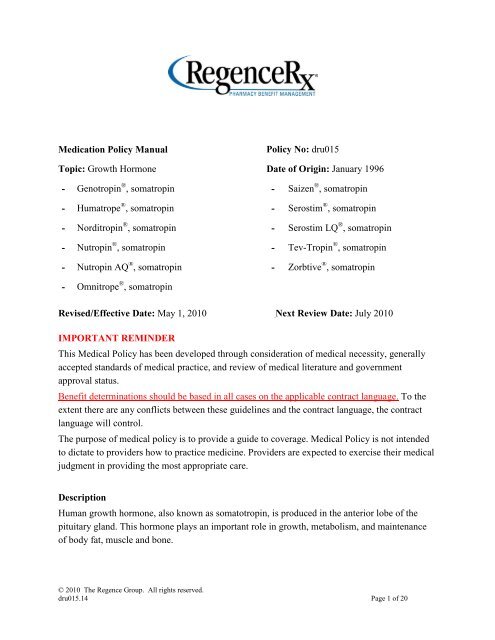 Growth Hormone, Genotropin®, Saizen®,Humatrope ... - Regence