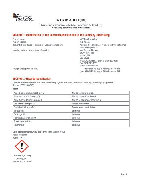 Q5® Reaction Buffer Pack MSDS - New England Biolabs