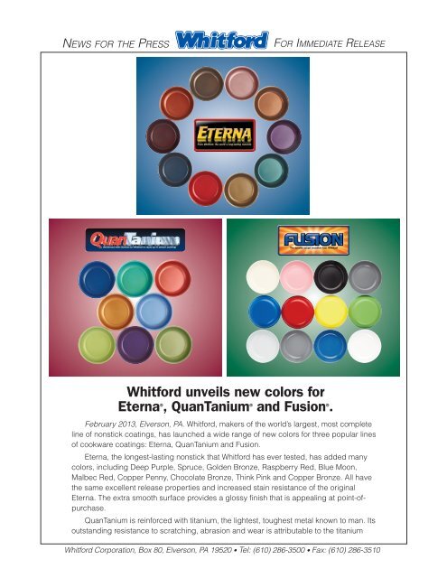 Whitford unveils new colors for Eterna®, QuanTanium® and Fusion®.