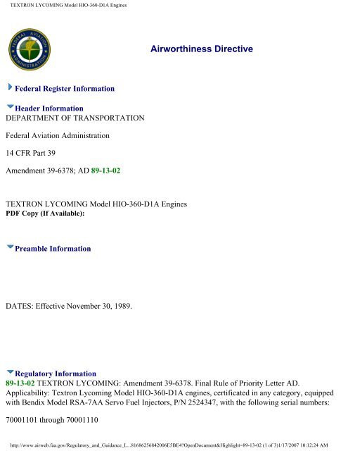 TEXTRON LYCOMING Model HIO-360-D1A Engines